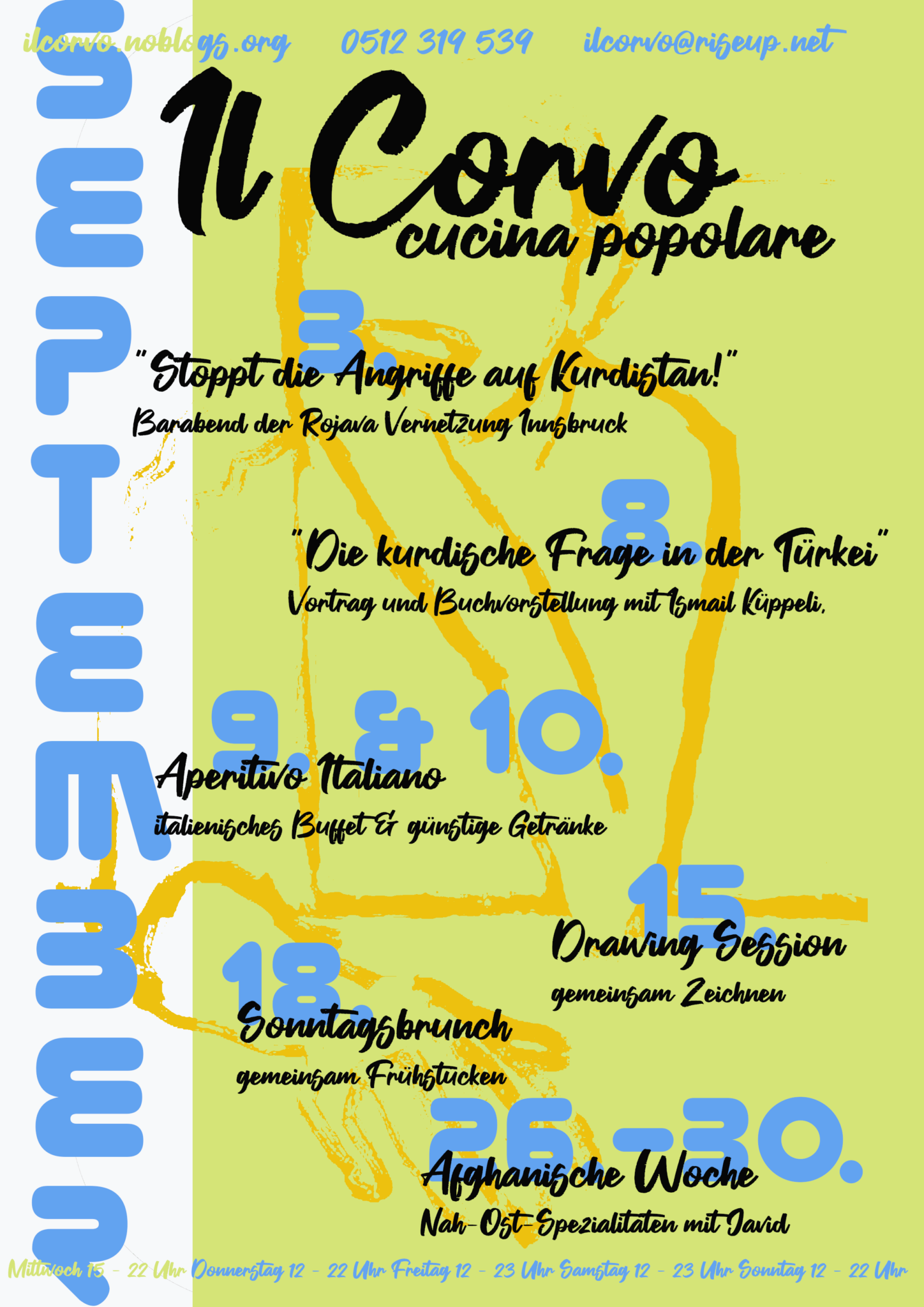 Septemberprogramm Il Corvo – Cucina Popolare – Links vom Inn